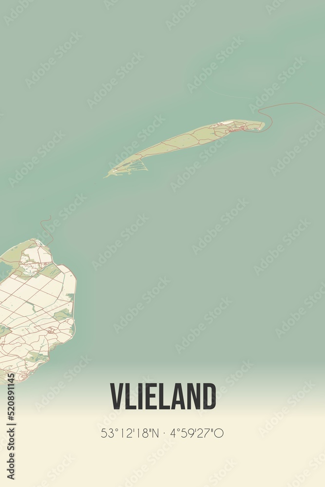Retro Dutch city map of Vlieland located in Fryslan. Vintage street map ...