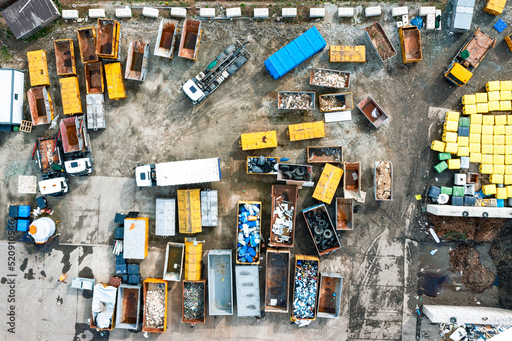 Top view of a landfill with various waste. Many dumpsters and garbage ... Top view of a landfill with various waste. Many dumpsters and garbage ...
