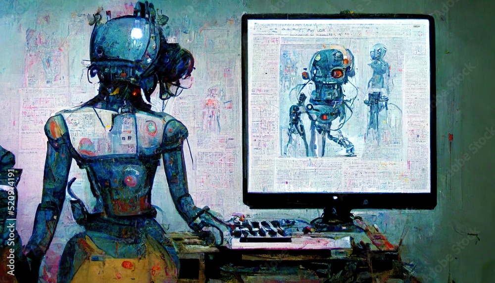 Humanoid AI robot working in an art studio painting a picture, Art ...