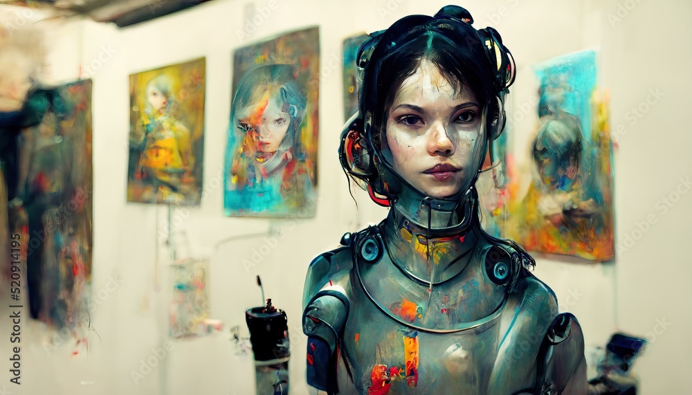 Humanoid AI robot working in an art studio painting a picture, Art ...