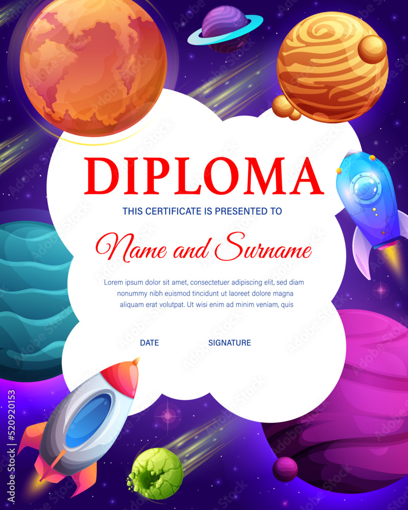 Cartoon kids diploma with space rockets flying between planets in ...