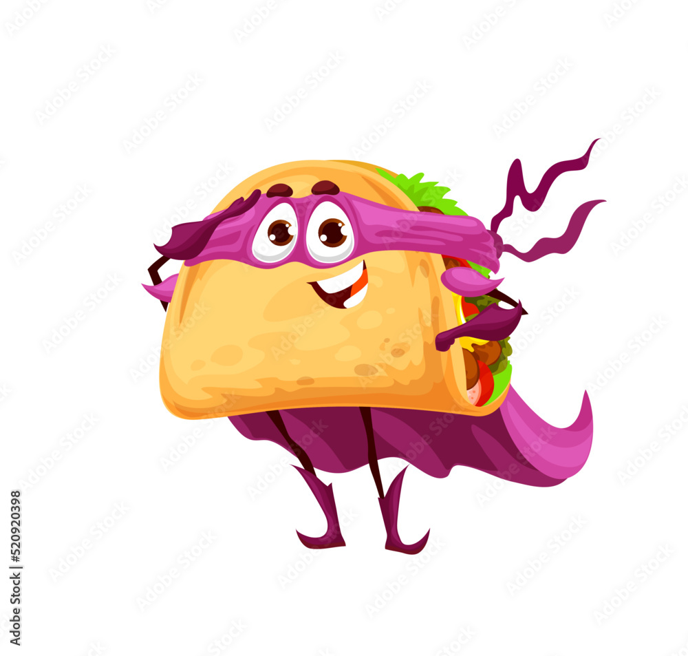 Cartoon mexican tacos superhero character. Funny fast food meal with ...