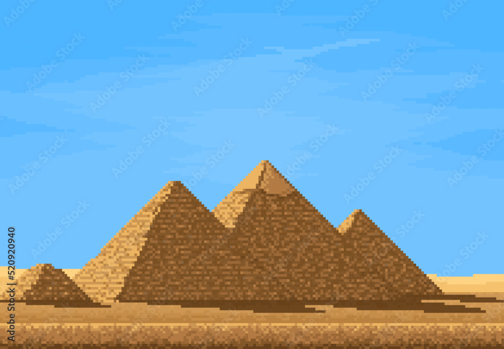 8 bit pixel pyramids in Egypt desert, pixel art game level landscape ...
