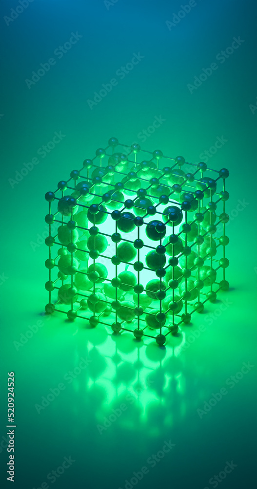 Cube.Cube atom object 3D rendering .The structure of a crystalline ...