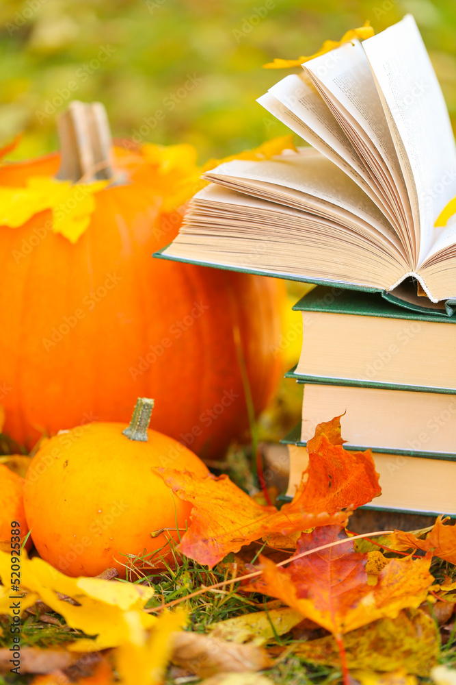 back to school.Study and education concept.Autumn books.Halloween books ...