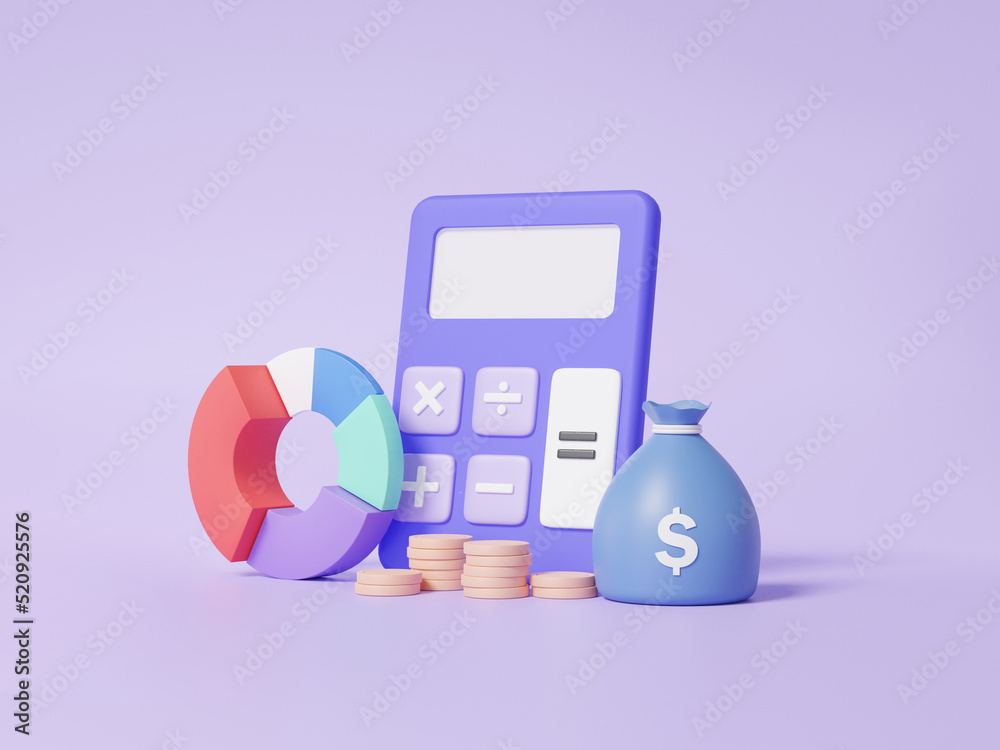 3D illustration calculator bag fund finance education concept. basic ...
