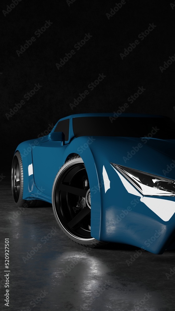 Side view glossy blue sport car concept model in dark scene 3D ...