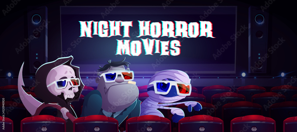 Night horror movies cartoon banner with funny monsters sitting in ...