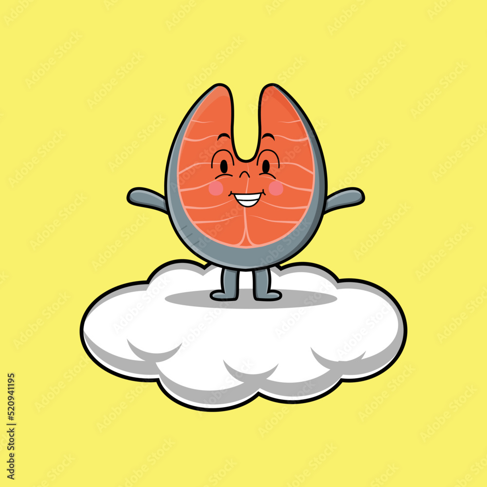 Cute cartoon fresh salmon character standing in cloud vector ...