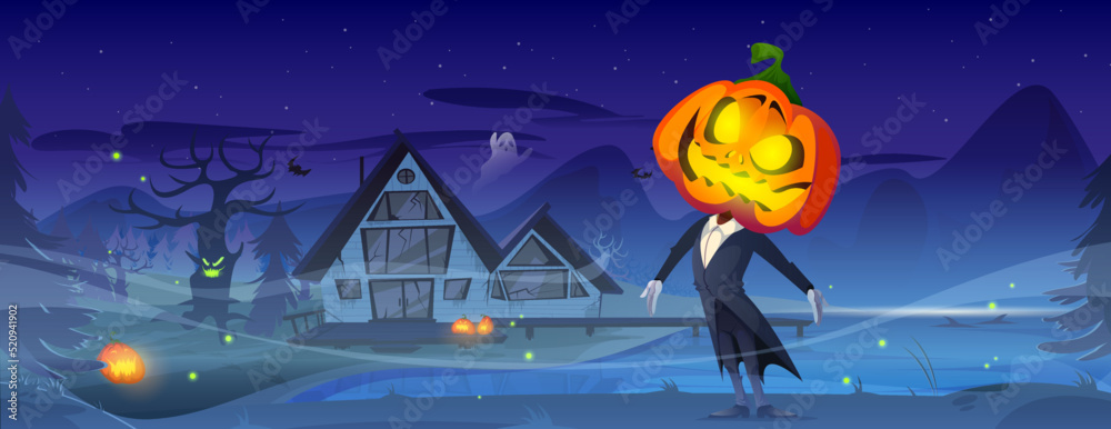 Creepy jack-o-lantern cartoon character standing near haunted house ...