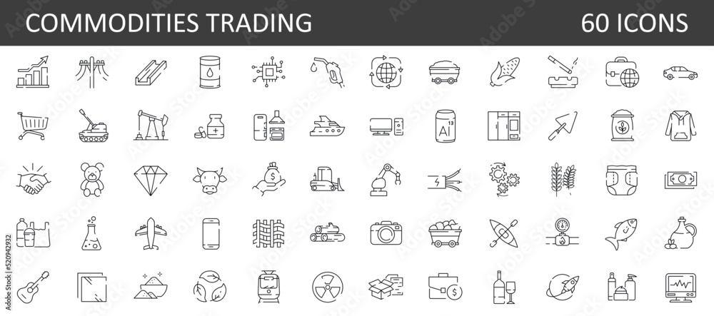 World commodities trading 60 line outline icon set. Vector illustration ...