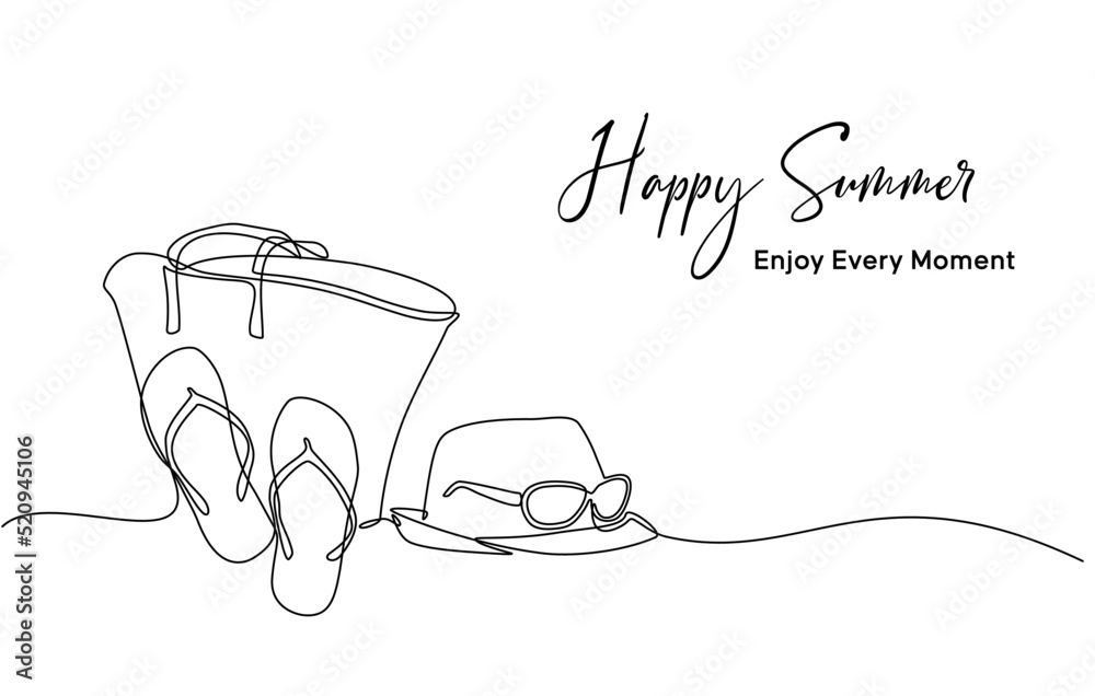 Continuous line drawing of summer vacation concept, sandy beach, beach ...