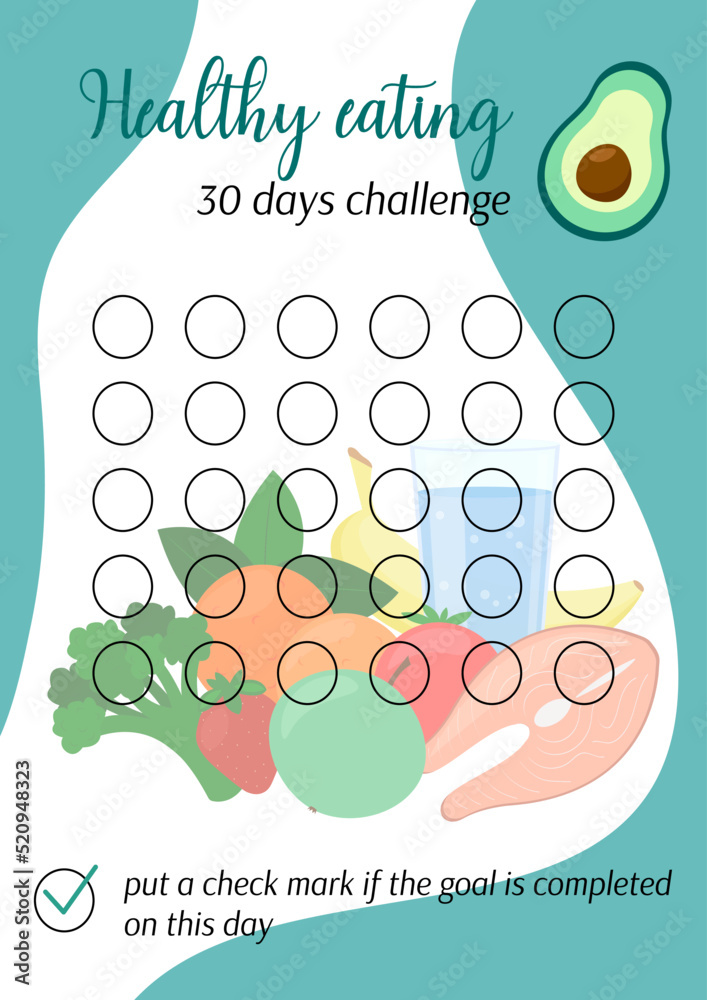 Healthy eating tracker. Nutrition personal 30 days challenge printable ...