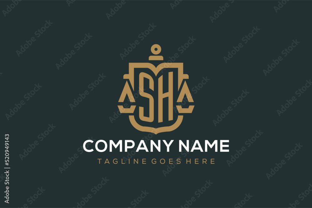 Initial SH logo for law firm with luxury modern scale and shield icon ...