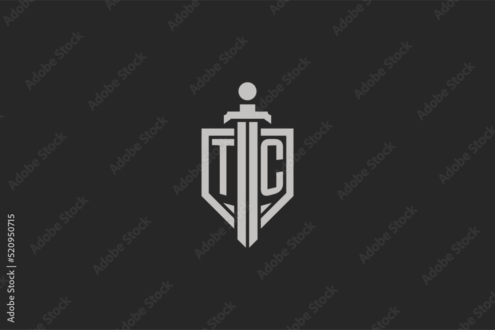 Letter TC logo with shield and sword icon design in geometric style ...