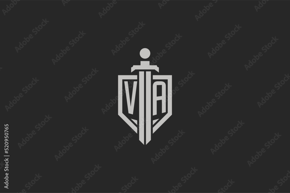 Letter VA logo with shield and sword icon design in geometric style ...