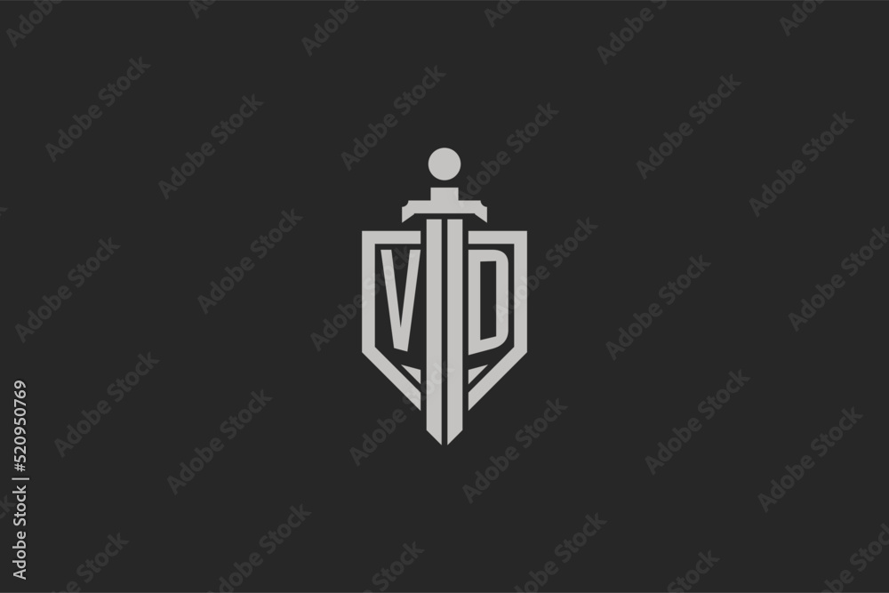 Letter VD logo with shield and sword icon design in geometric style ...