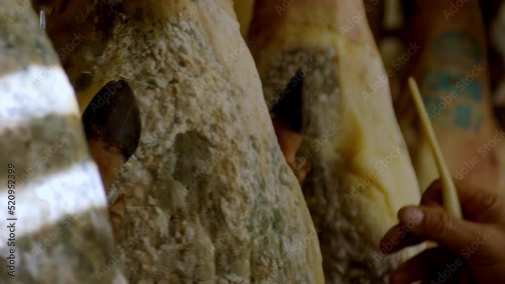 Leg of Iberian ham detailed macro shoot moving, where it is seen in the ...