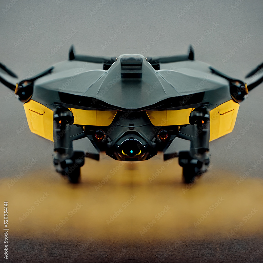 Frontal portrait of a 3d model drone uav flying object weapon in wasp ...