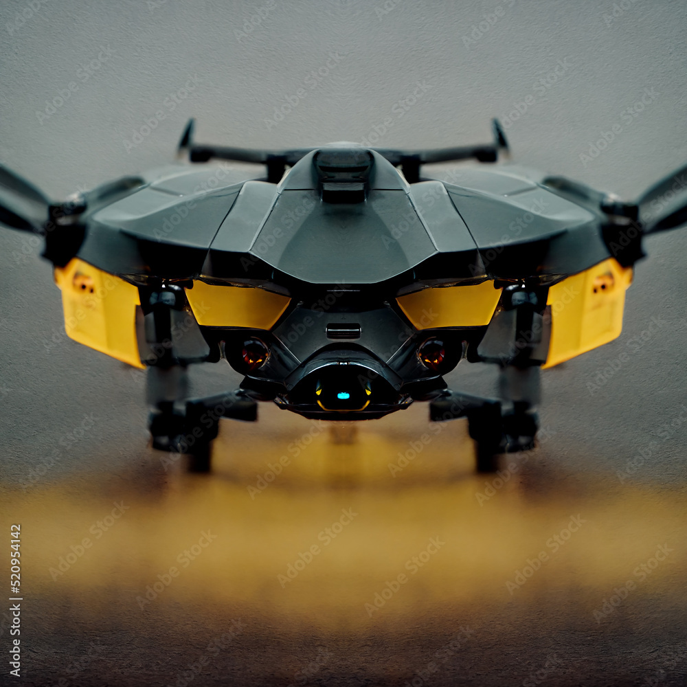Frontal portrait of a 3d model drone uav flying object weapon in wasp ...