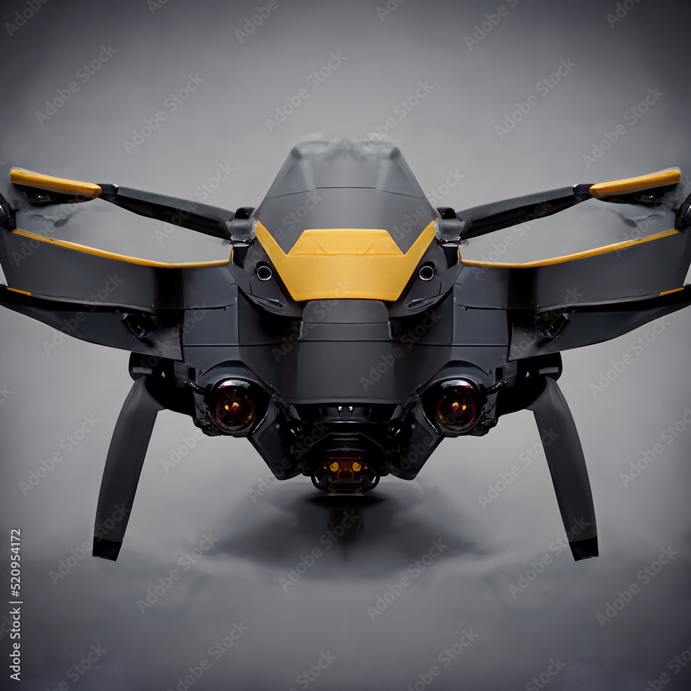 Frontal portrait of a 3d model drone uav flying object weapon in wasp ...