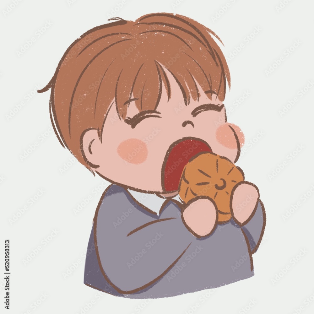 Lovely toddler boy holding mooncake and open wide mouth ready to bite a ...