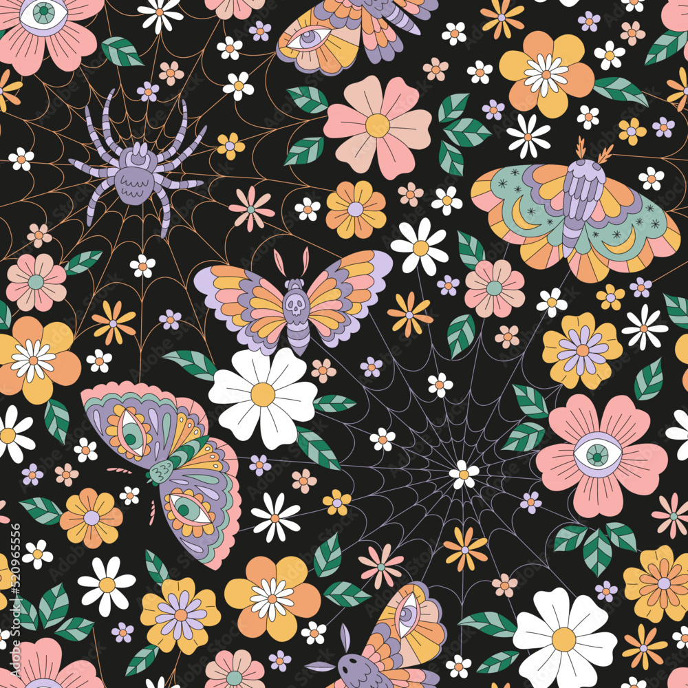 Retro Halloween Flower Power Mystic Garden Evil Eye Moon Moth Spider ...