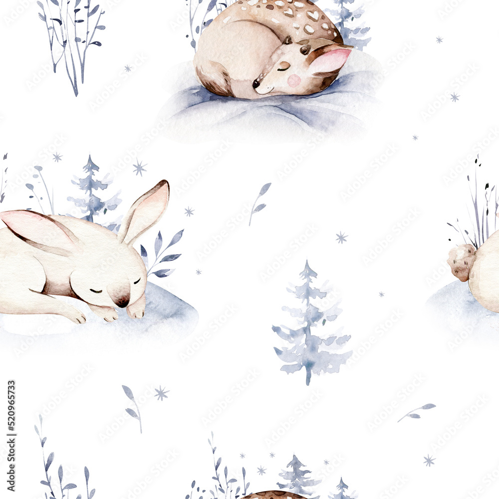 Watercolor winter pattern deer with fawn, owl rabbits, bear birds on ...