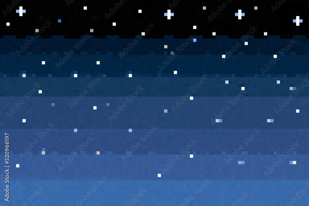An 8 bit pixel art sky, blue gradient bands, with shiny twinkling stars ...