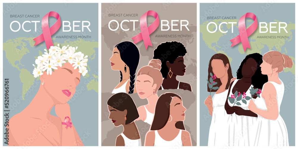 International Breast Cancer Day. A set of cards with a pink ribbon and ...