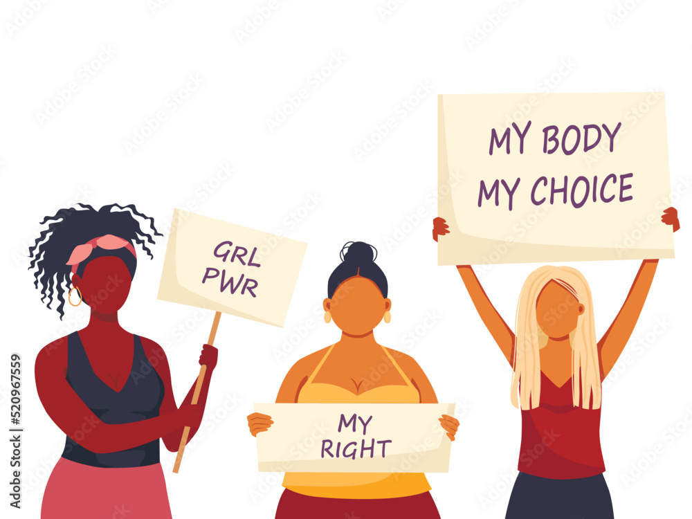Vector illustration of women holding signs, banner and placards on a ...