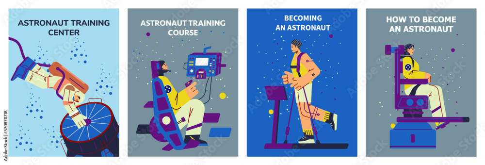 Astronaut training center posters templates set, flat vector ...