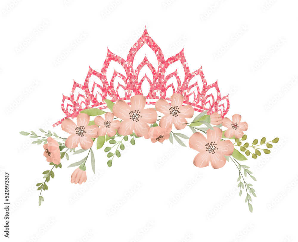 Shiny glitter pink crown, princess tiara with watercolor flowers ...