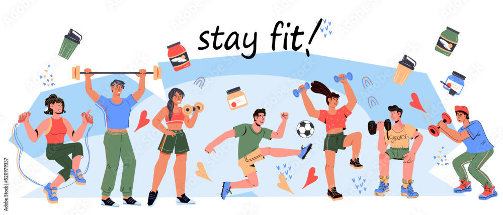 Stay fit banner template on sport and fitness theme, flat cartoon ...