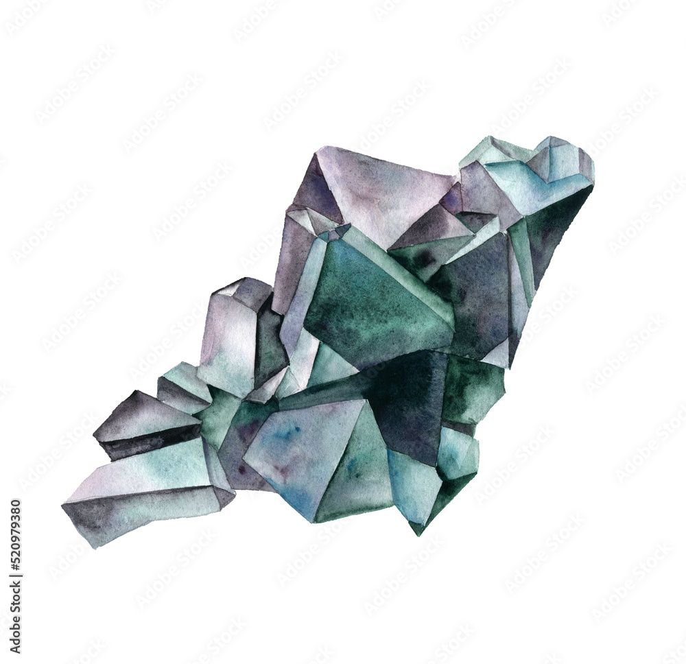 watttercolor drawing crystal of gem, fluorspar, fluorite, mineral druse ...