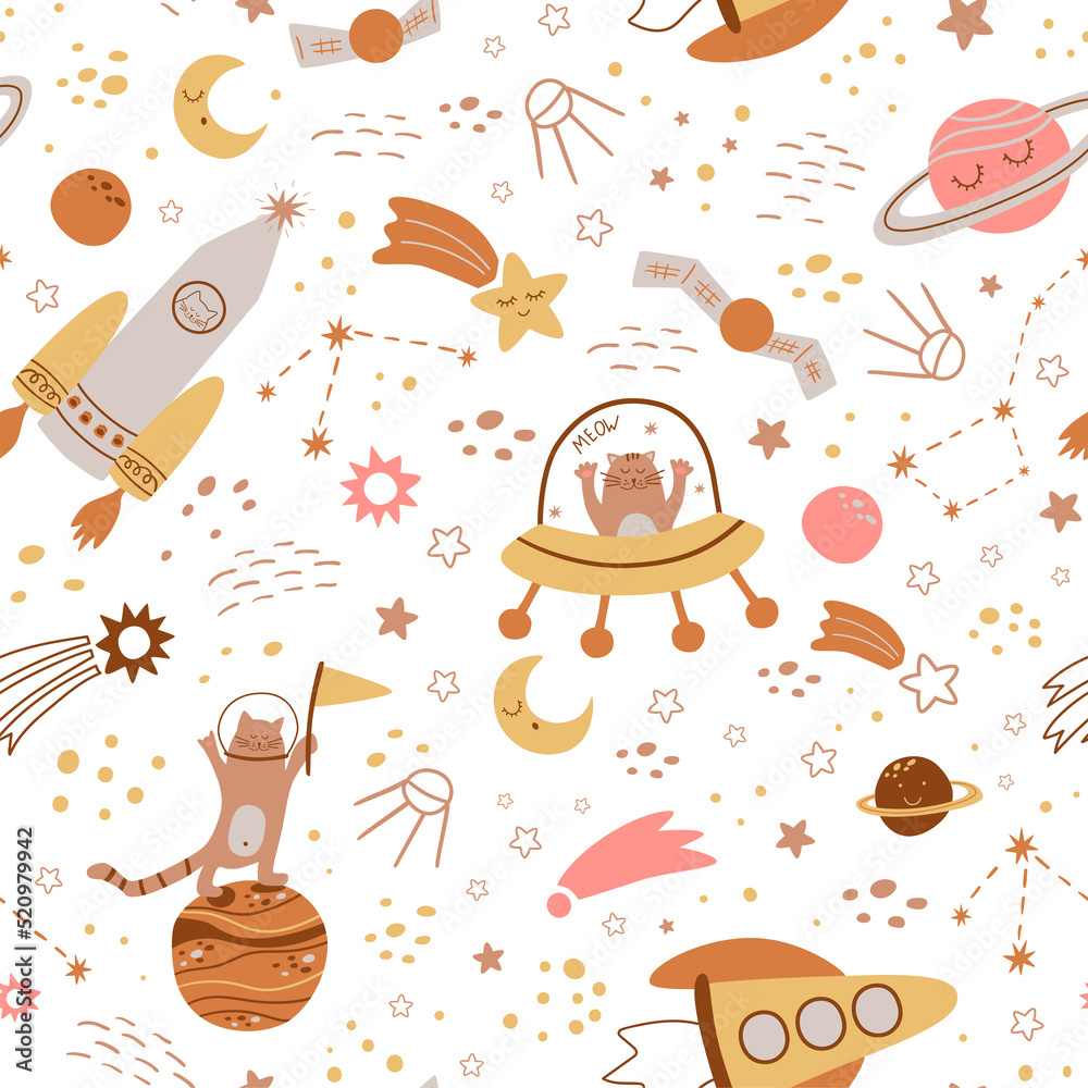 Kids space pattern with hand drawn space elements, cute rocket, planets ...