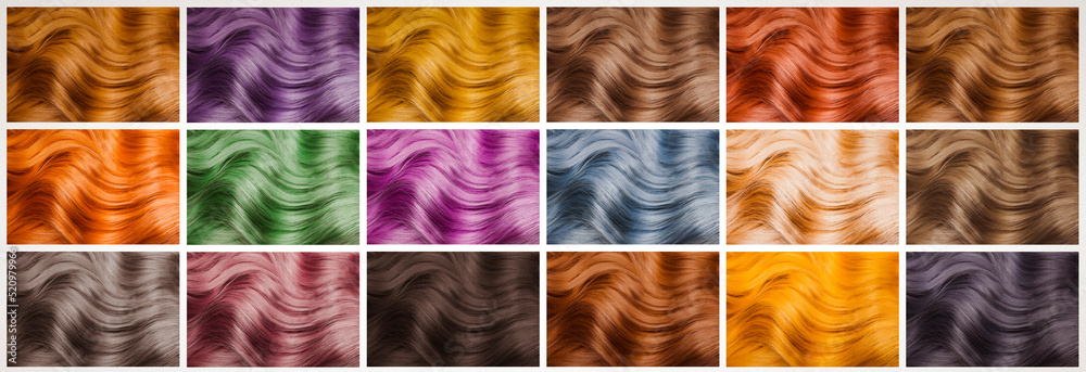 Collage with multicolored hair samples, banner design. Color palette ...