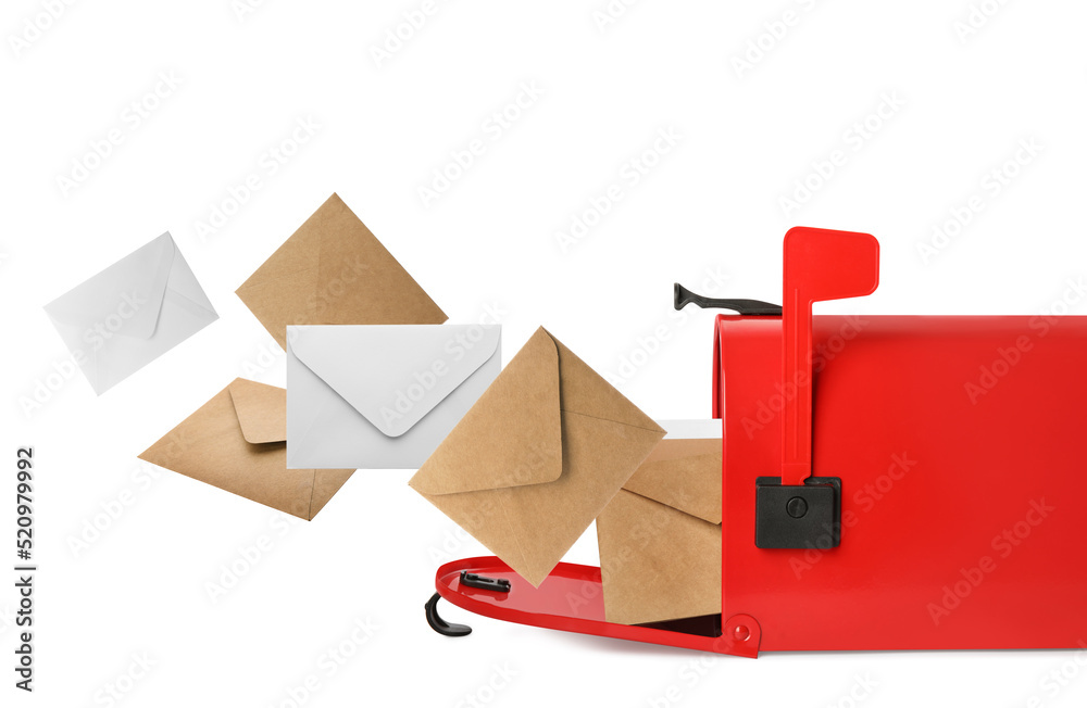 Envelopes flying out from red letter box on white background Stock ...