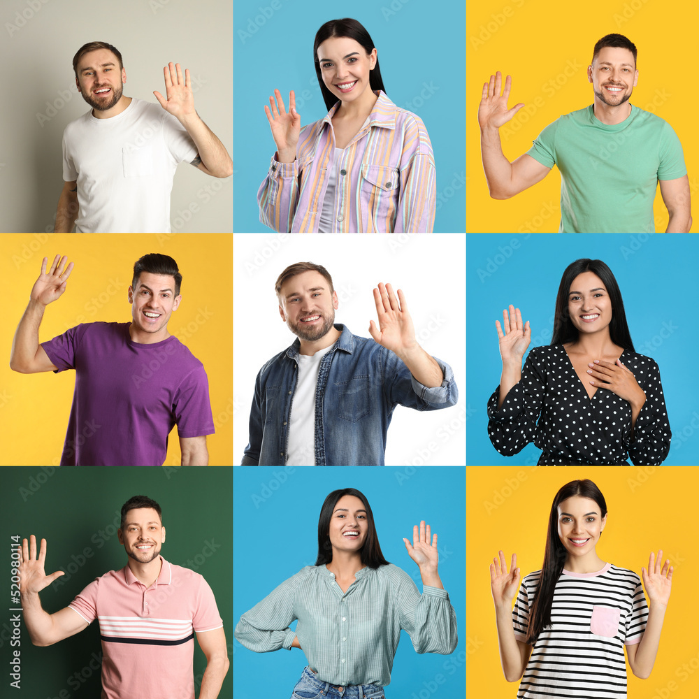 Collage with photos of cheerful people showing hello gesture on ...