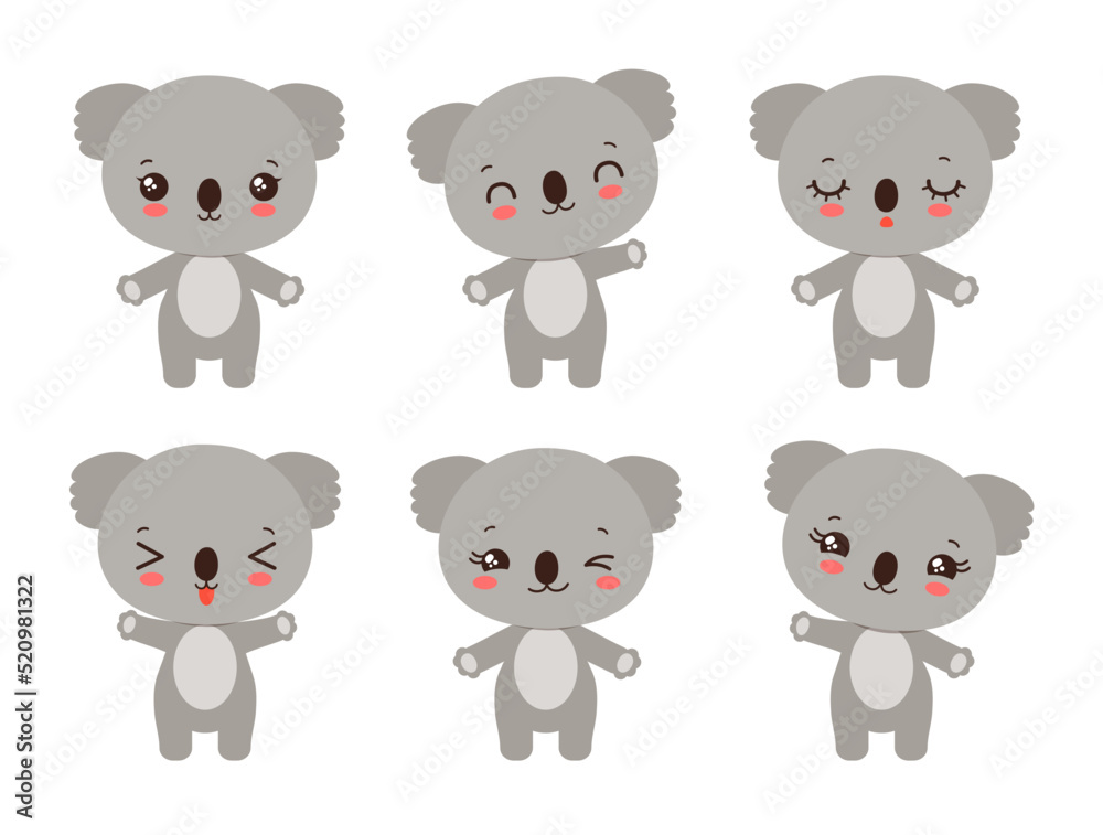 Cartoon koala kawaii style emoji. Baby koala character set various ...