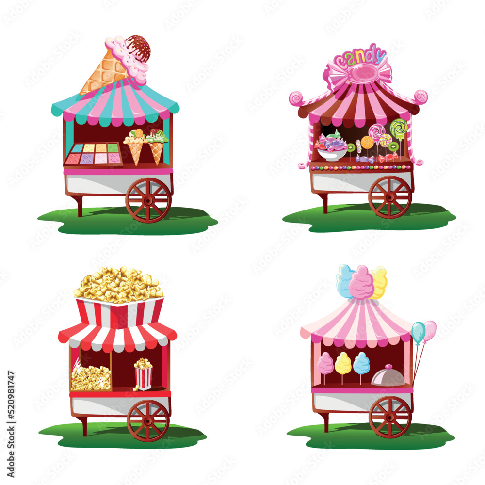 Set of vector illustrations of open street stalls with fair sweets in ...
