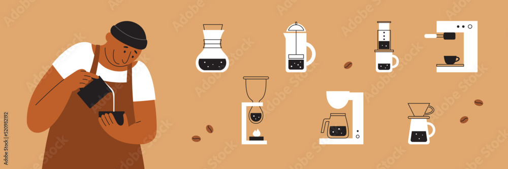Diversity coffee brewing method vector icons set and happy barista ...