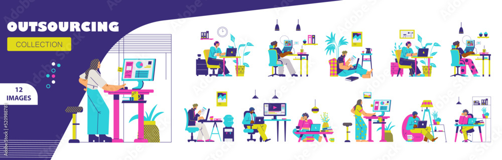 Outsourcing images of people working remotely, flat vector illustration ...