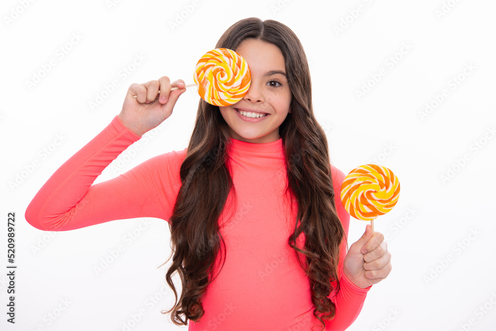 Teenager girl with caramel candies on sticks, sweet sugar addiction ...