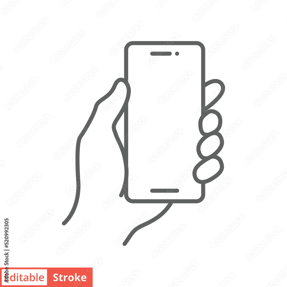 Hand holding smartphone icon. Simple outline style. Hold mobile phone ...