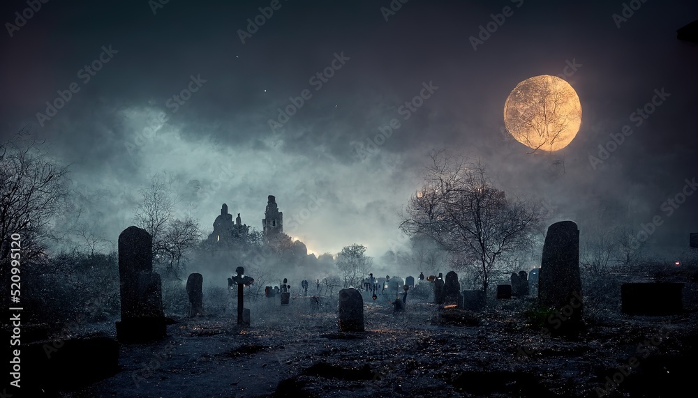 Cemetery at night, with tombstones, grave, under a full moon in a dark sky. Halloween with ...