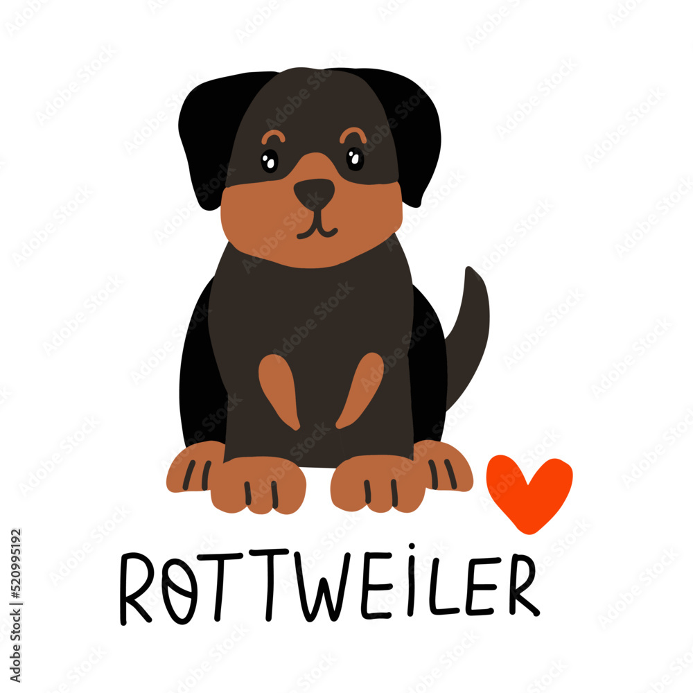 Cute cartoon dog. Rottweiler puppy hand drawn dog face with hand ...