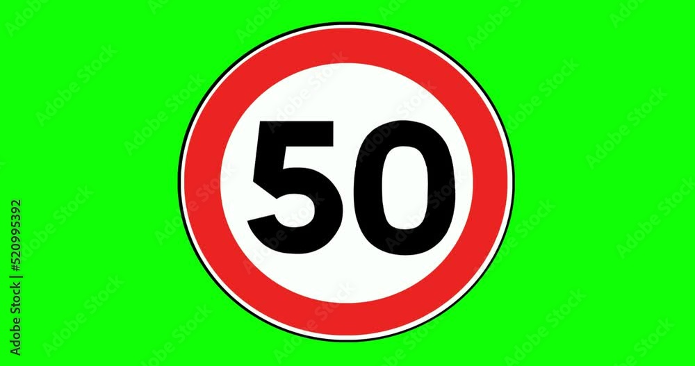 50-speed limit sign 3d animation on chroma key. 50 km speed limit for ...