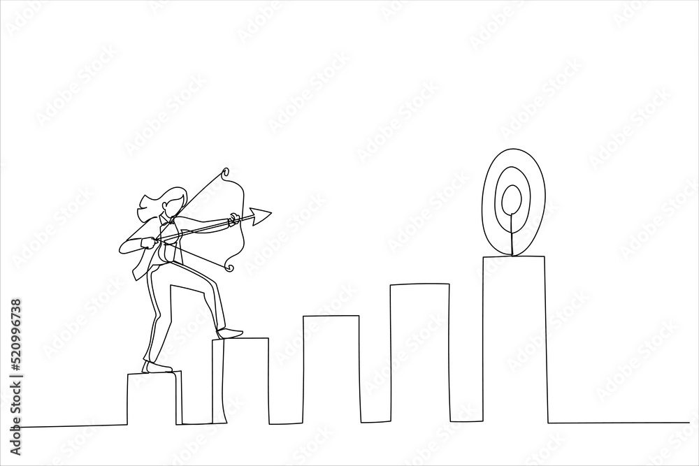 Cartoon of confidence businesswoman aiming his bow arrow to top of high ...