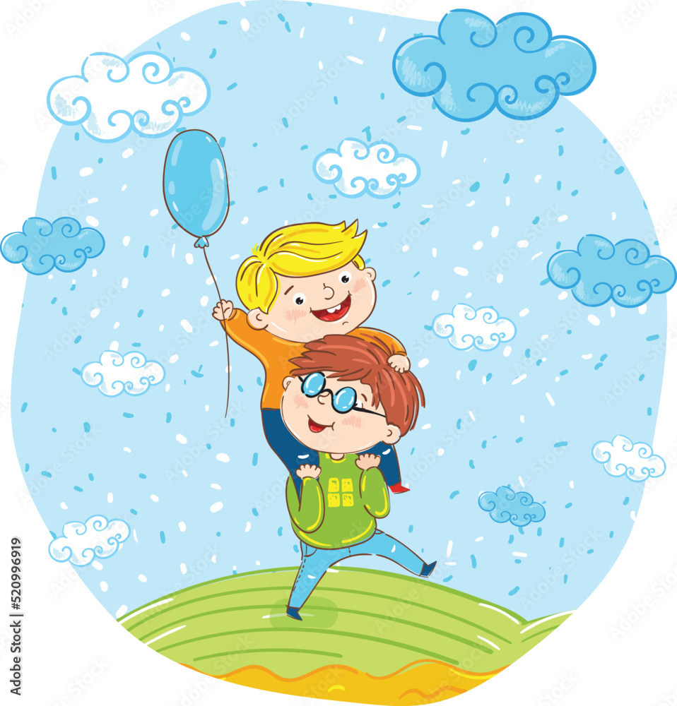Happy children cartoon characters vector illustration. One boy sitting ...